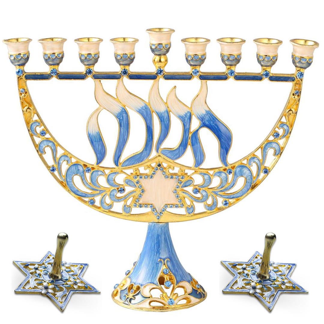 Jewish Holiday Set - Hand Painted Enamel Menorah Candelabra W/ Star of ...