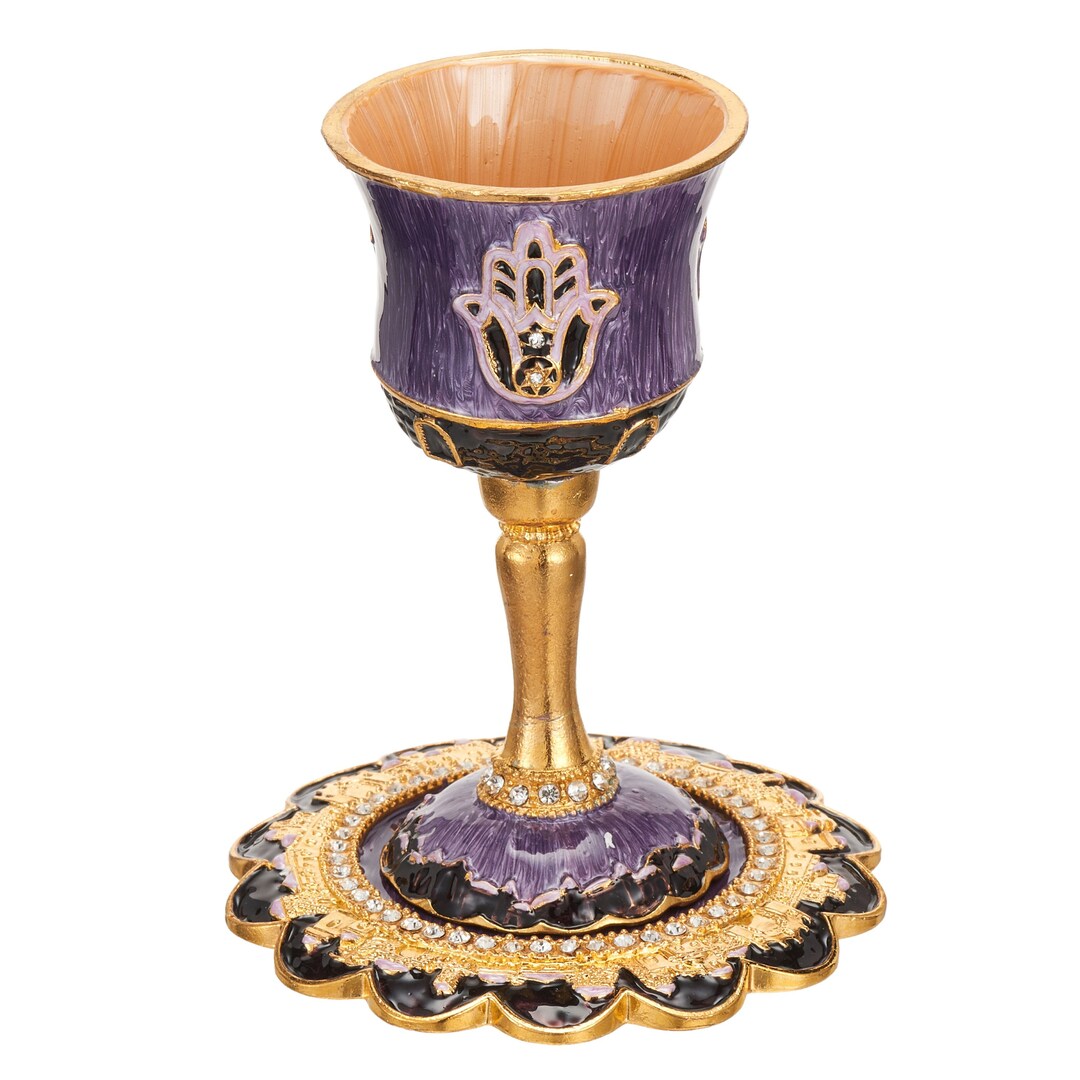 Handmade Enamel Kiddush Cup Set and Tray W Crystals and Hamsa Design ...