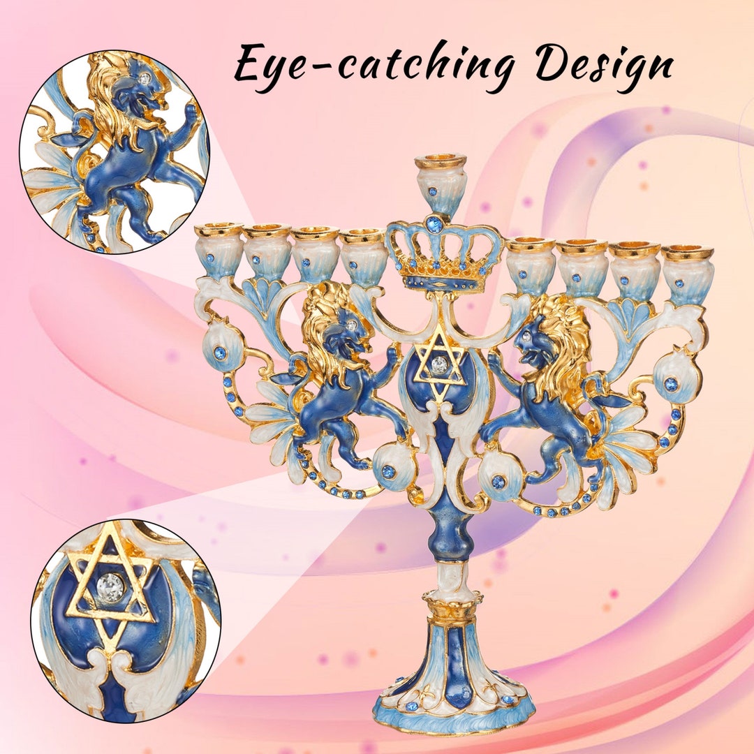 Handmade Blue - Ivory Regal Lion Menorah Candelabra With Gold Accents ...