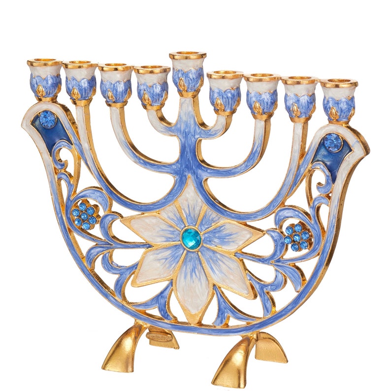 Matashi Hand Painted Blue and Ivory Flower Menorah Candelabra ...