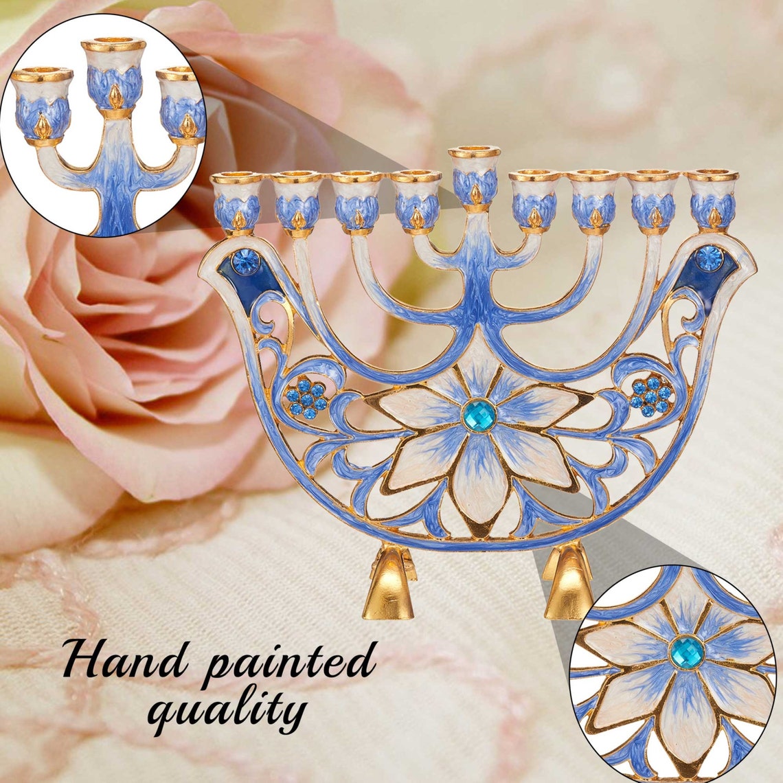Matashi Hand Painted Blue and Ivory Flower Menorah Candelabra ...