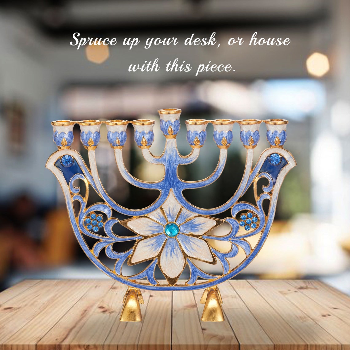 Matashi Hand Painted Blue and Ivory Flower Menorah Candelabra ...