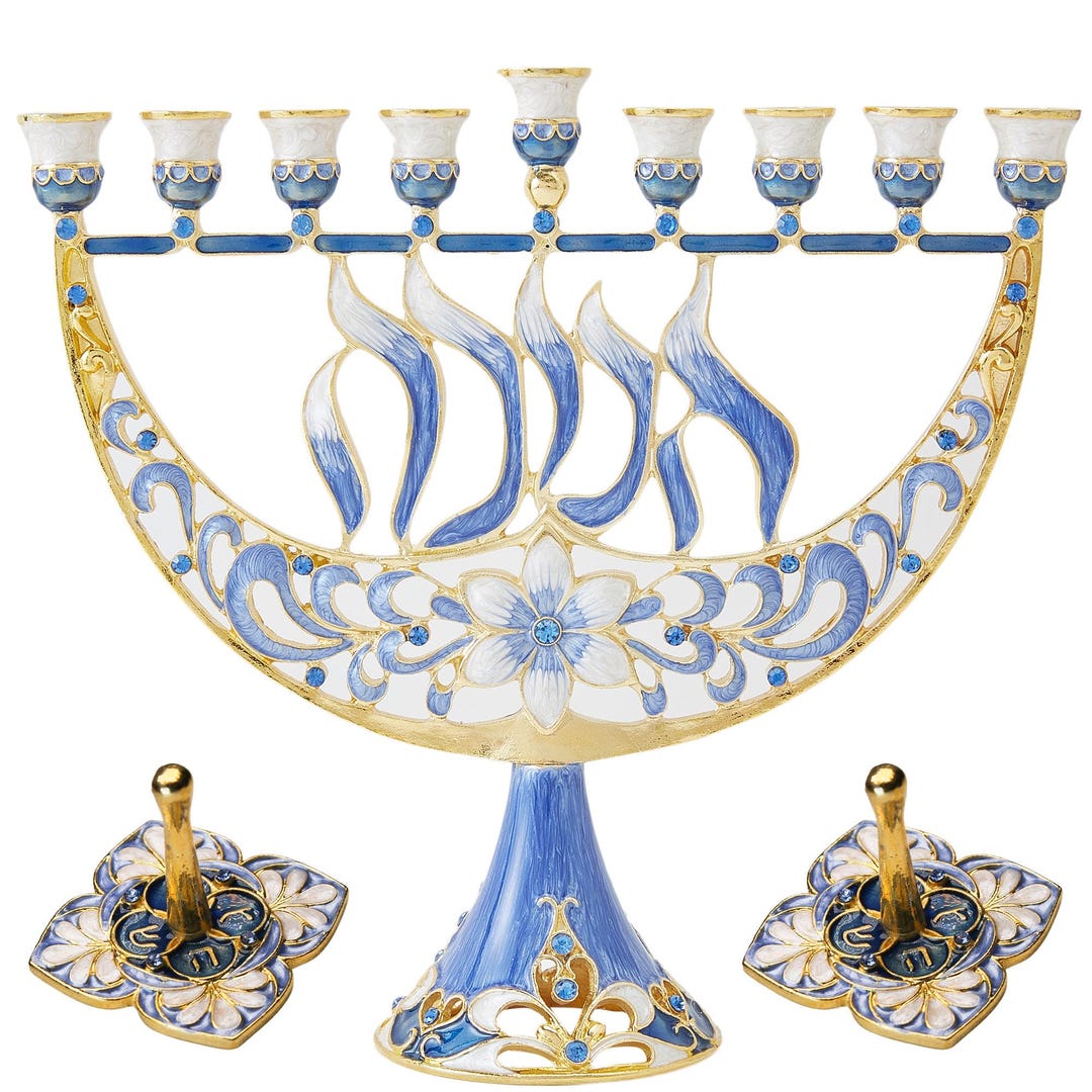 Set of Menorah and Dreidel, Blue-white Floral Menorah & Hand-painted ...