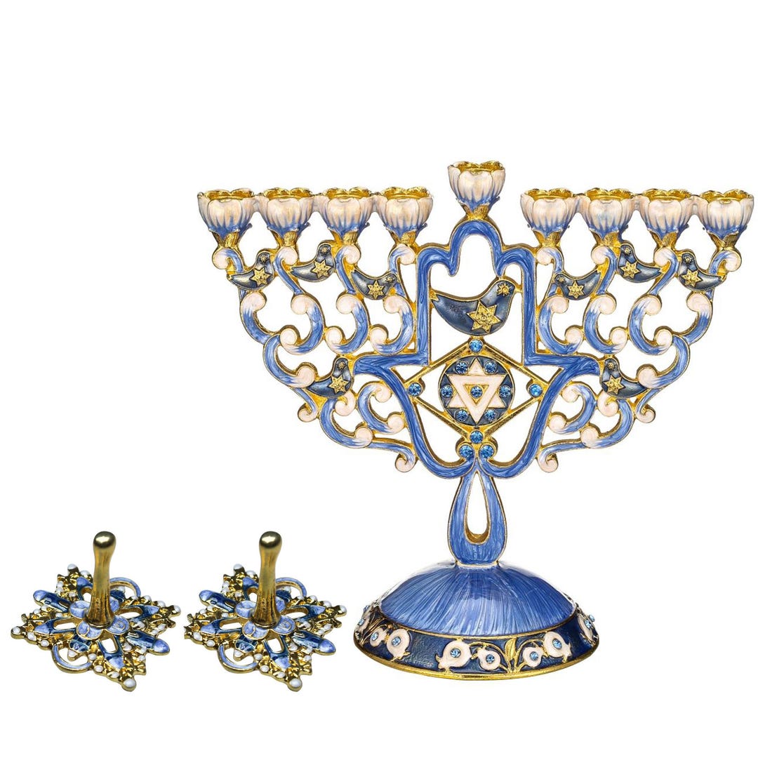 Menorah & Dreidel Kit - Hand-painted Enamel Menorah W Hamsa - Doves and ...