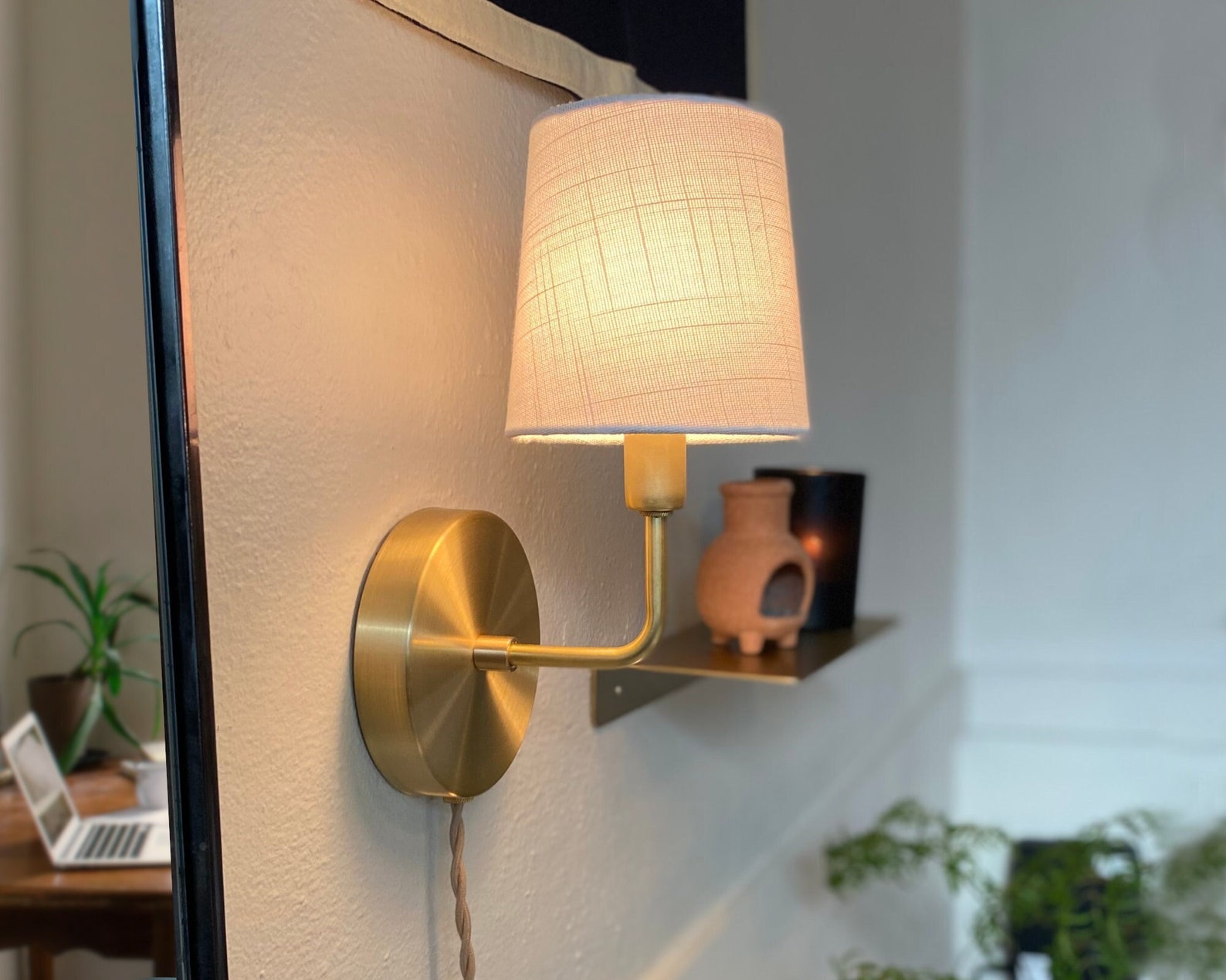 Plug in Wall Sconce Dean Brass Wall Lamp With Black Shade - Etsy