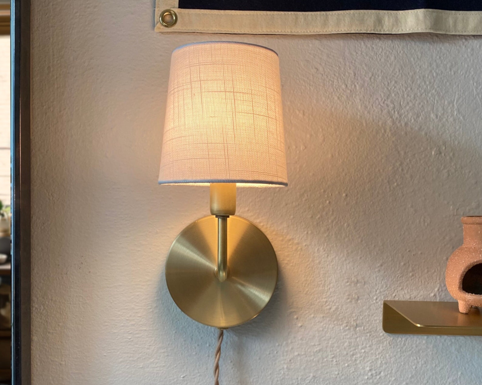 Plug in Wall Sconce Dean Brass Wall Lamp With Black Shade - Etsy