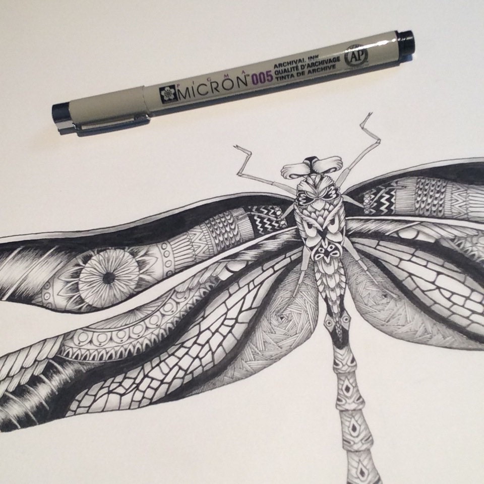 Hand Drawn Zentangle Dragonfly Print - Etsy