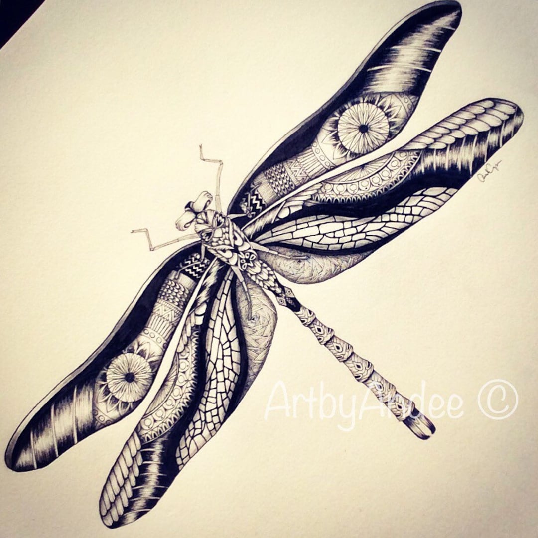 Hand Drawn Zentangle Dragonfly Print - Etsy