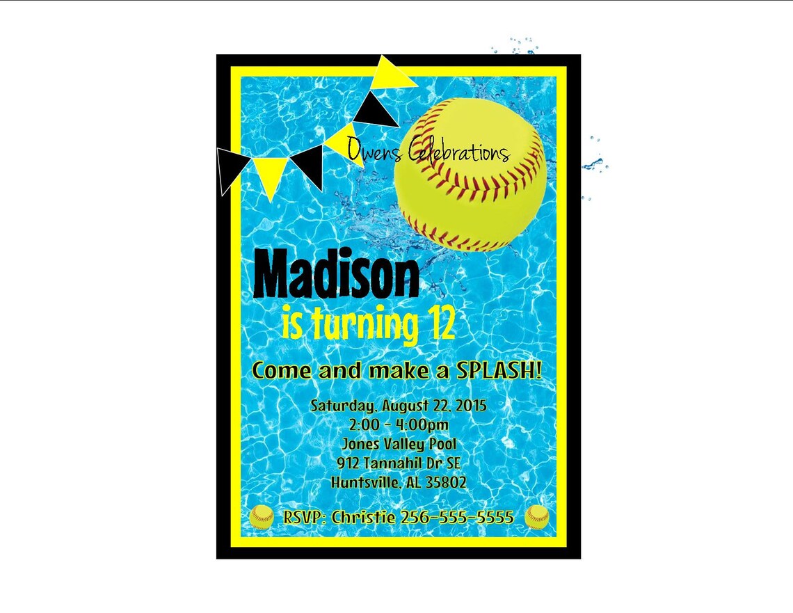 Softball Pool Party Invitation Softball Party Invitation - Etsy