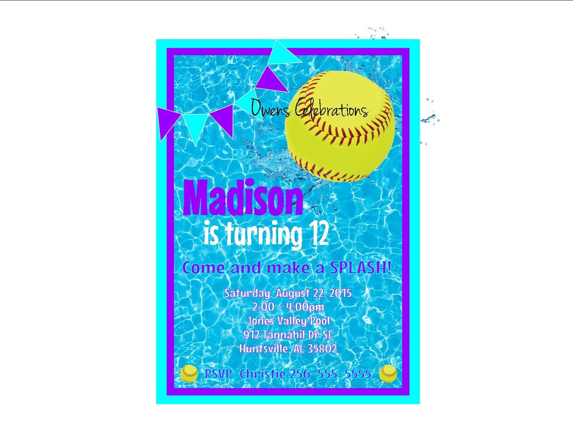 Softball Pool Party Invitation Softball Party Invitation - Etsy