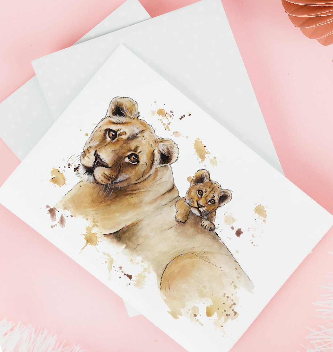 Lioness and Lion Cub A5 Greetings Card | Lion Art, Watercolour, Mother ...