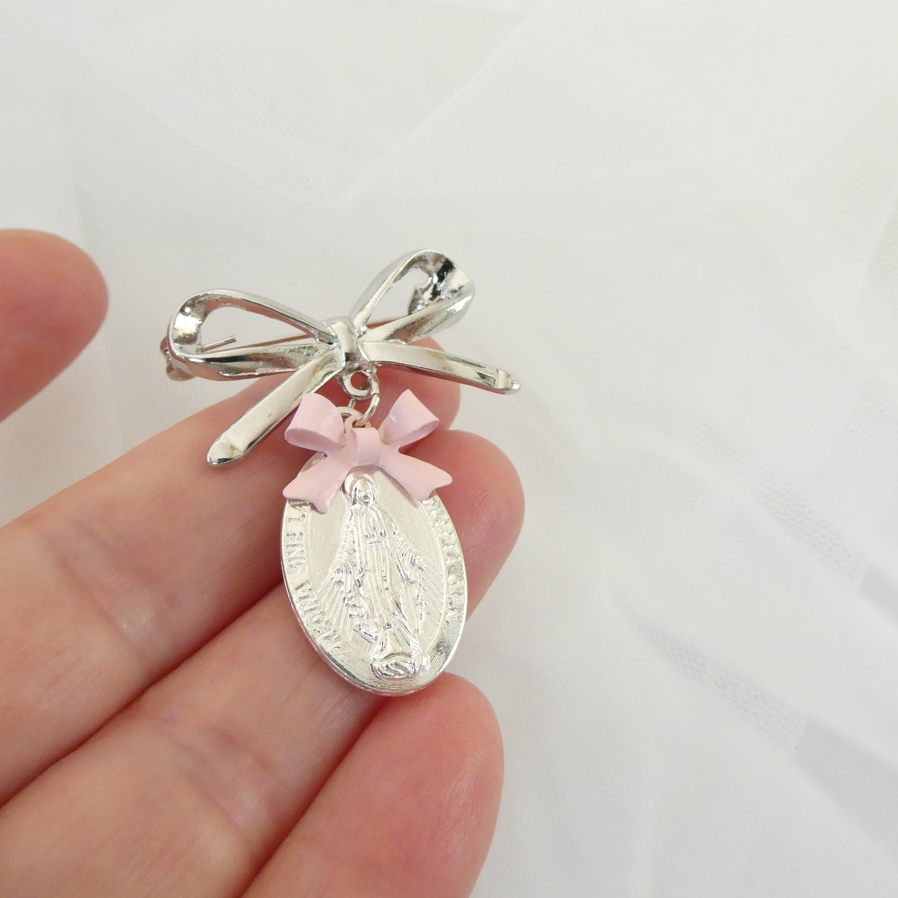 Virgin Mary Medal Pin: Gold Plated Christening Gift With Bow - Etsy