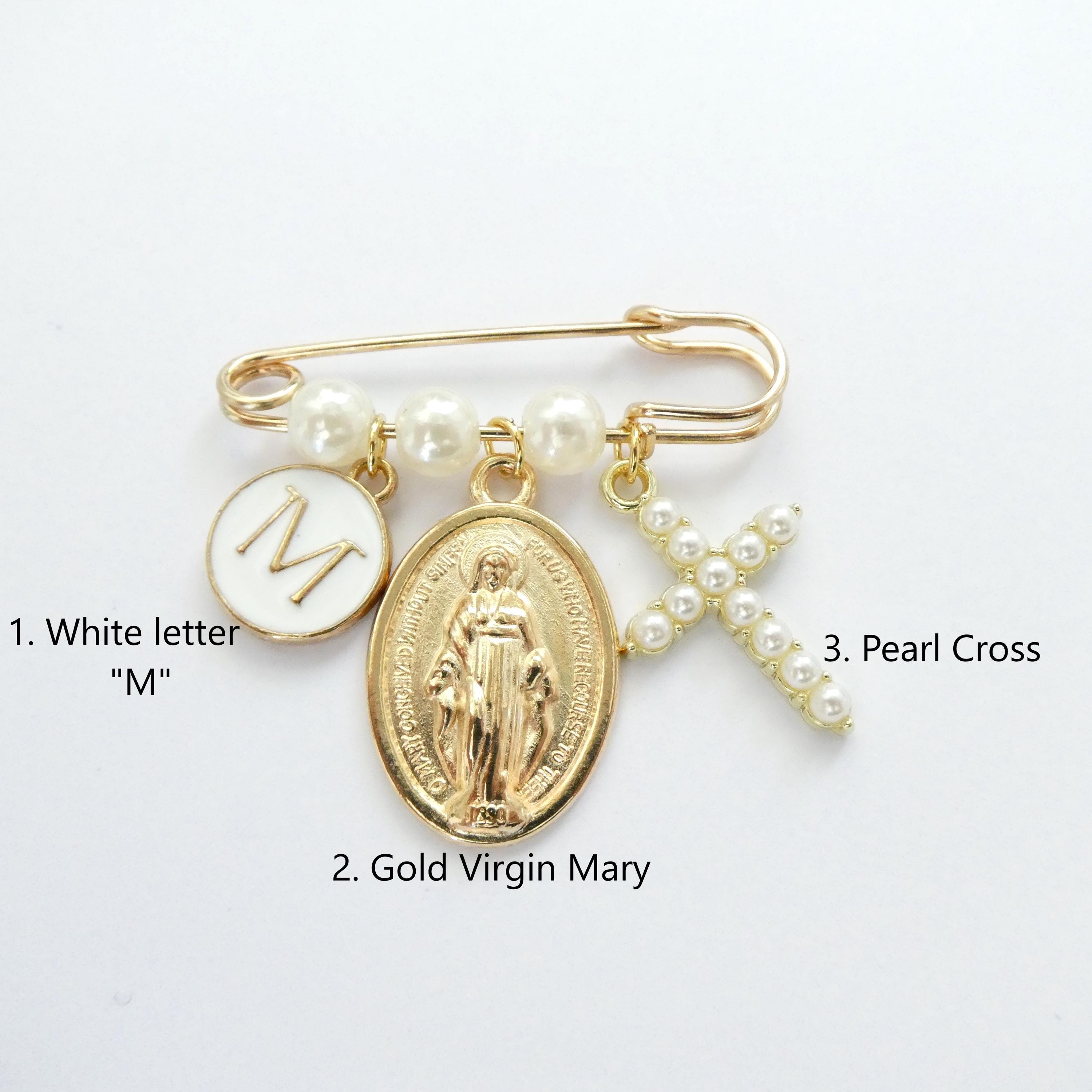 Gold Plated Miraculous Medal Pin – Personalized Initial, Pearl, Cross ...