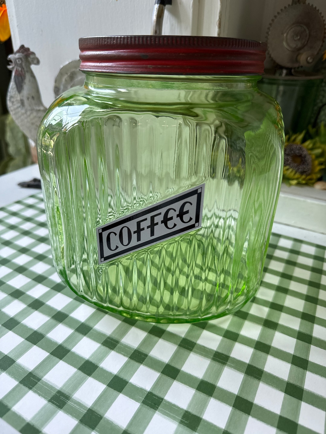Vintage Green Vaseline Ribbed SQUARE Coffee Hoosier Canister Jar. Ships ...