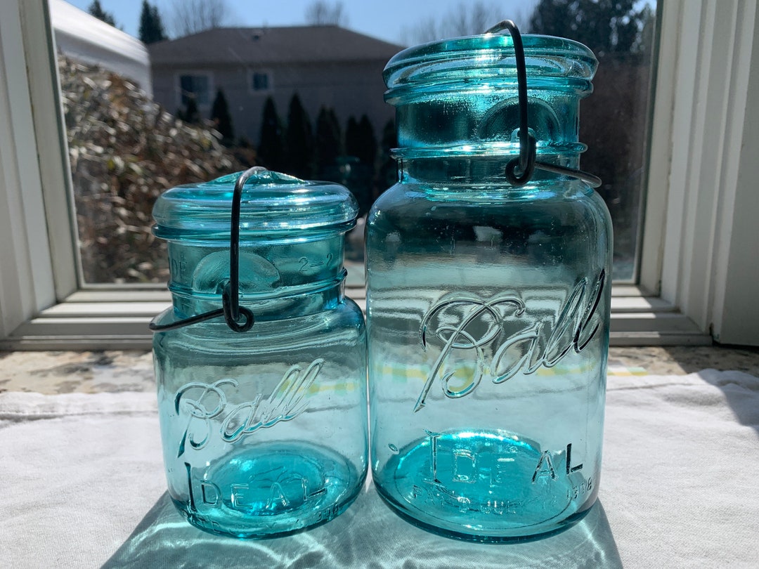 Set of Vintage Ball Ideal Jar Pint and Quart Glass Aqua Wire Bail Jars ...