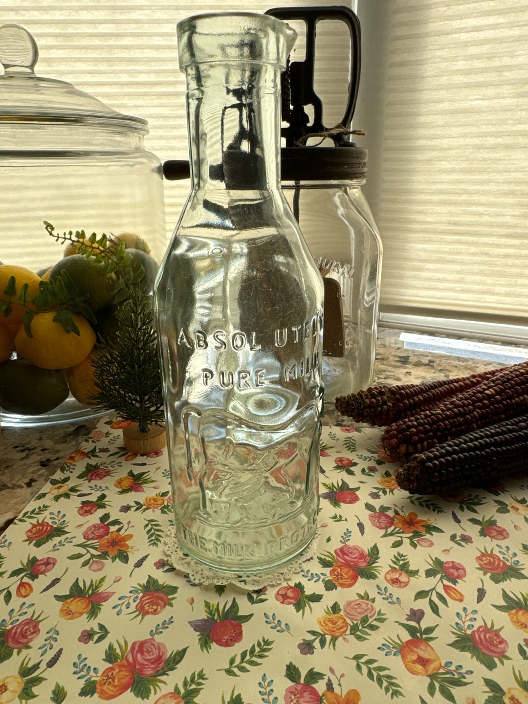 Vintage 50s Milk Bottle the Milk Protector With Man Milking Cow Etched ...