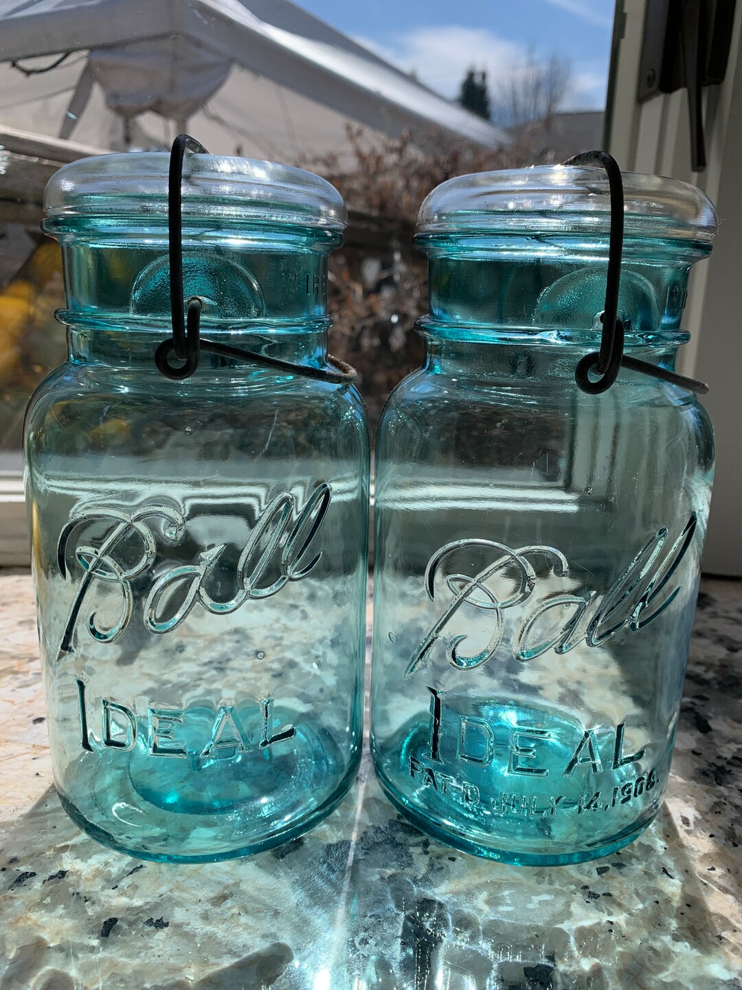Set of Vintage Ball Ideal Jar Quarts Glass Aqua Wire Bail Jars With ...