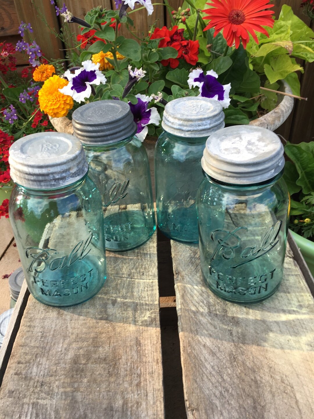 Set of Four Quarts Vintage Blue Glass Mason Jars-something Old ...