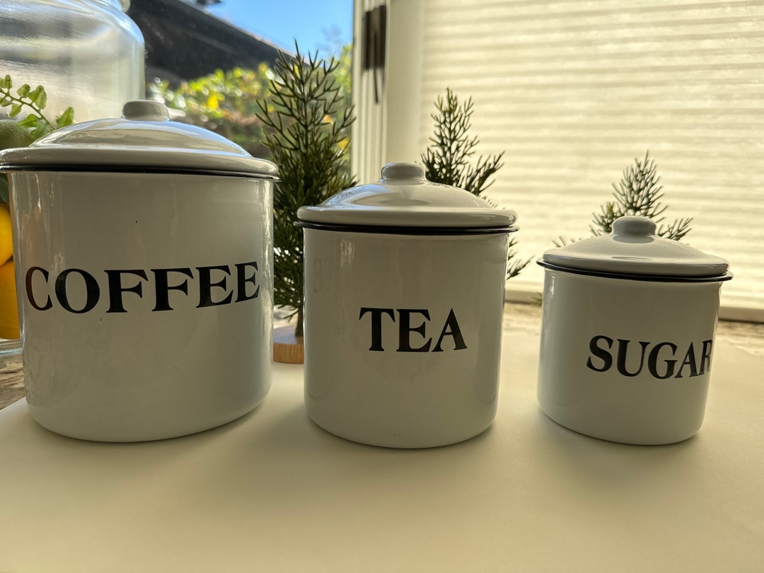 WHITE and BLACK Trimmed Coffee Tea Sugar Farmhouse Enamelware Canister ...