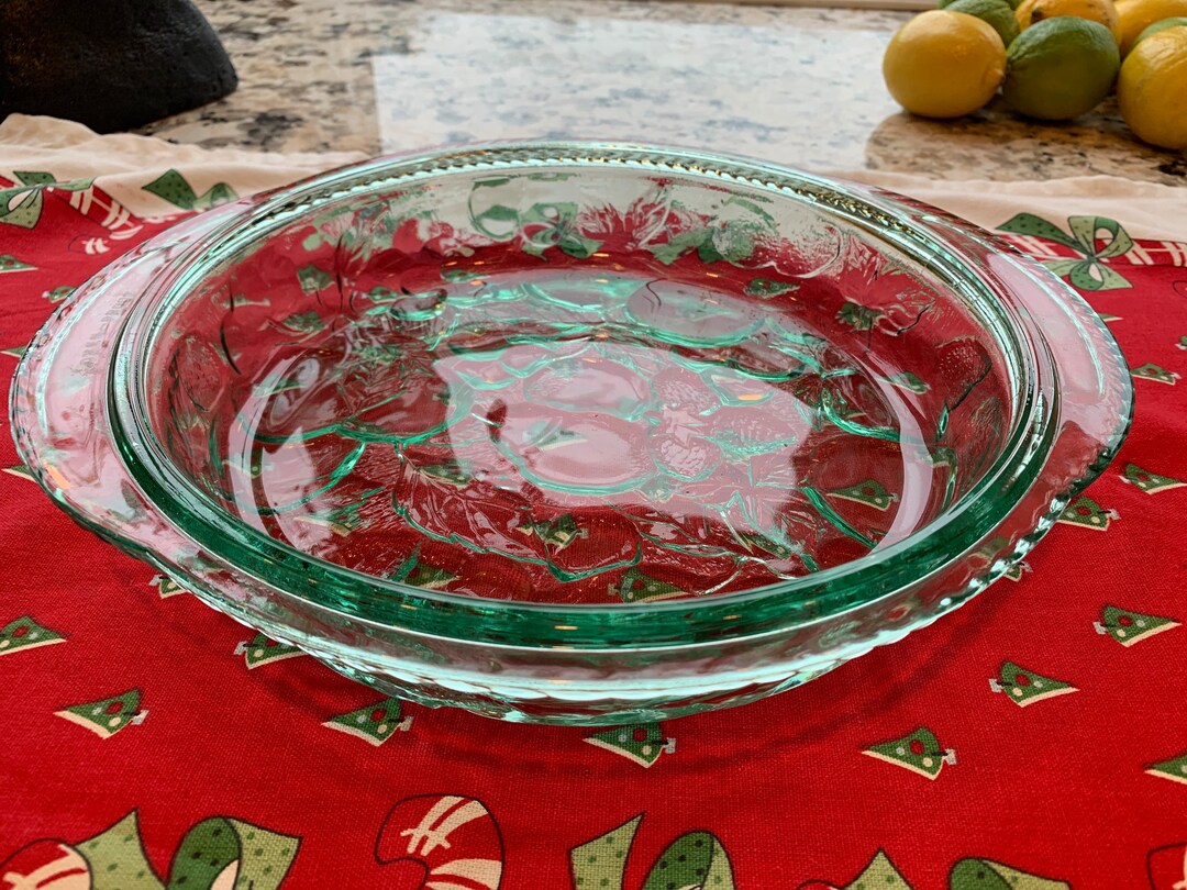 Pretty Green Ovenware Libbey Orchard Fruit Casserole Pie Plate/ or Lid ...