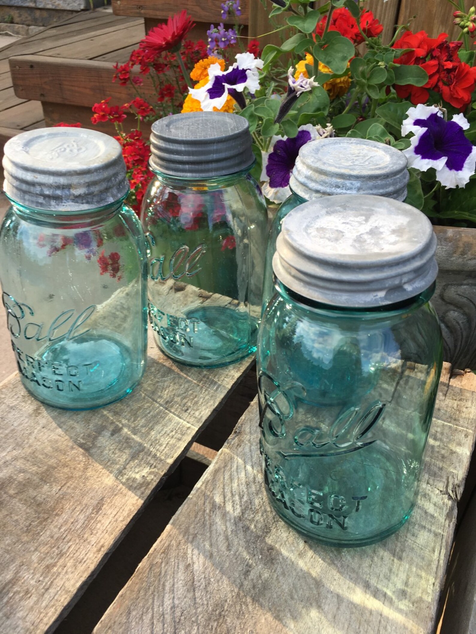 Set of Four Quarts Vintage Blue Glass Mason Jars-something Old ...