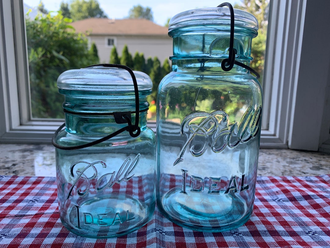 Set of Vintage Ball Ideal Jar Pint and Quart Glass Aqua Wire Bail Jars ...