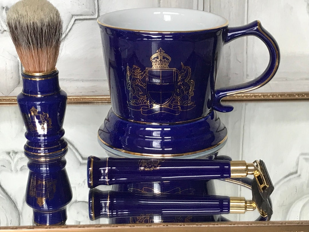 Vintage Royal London Shave Set / Blue and Gold Ceramic Gentlemens Shave ...