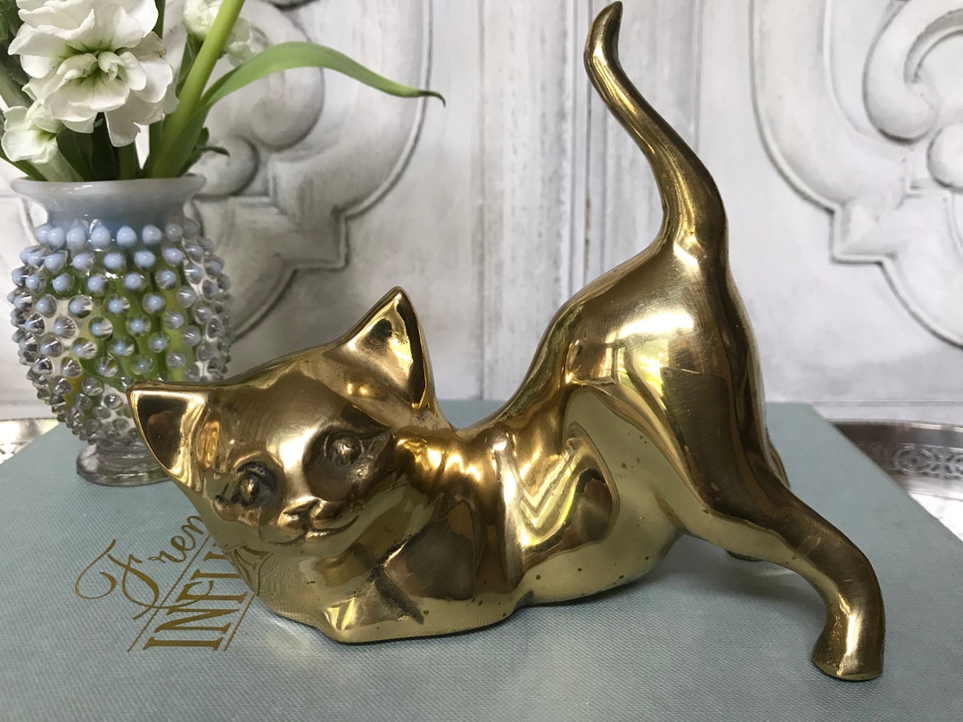Vintage Brass Cat Figurine / Playful Kitty Brass Statue / Cat ...
