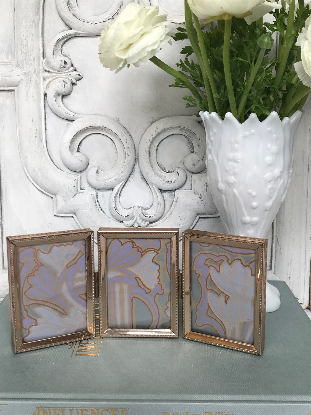 Small Vintage Gold Metal Tri-fold Picture Frame / Three Photo Frame ...