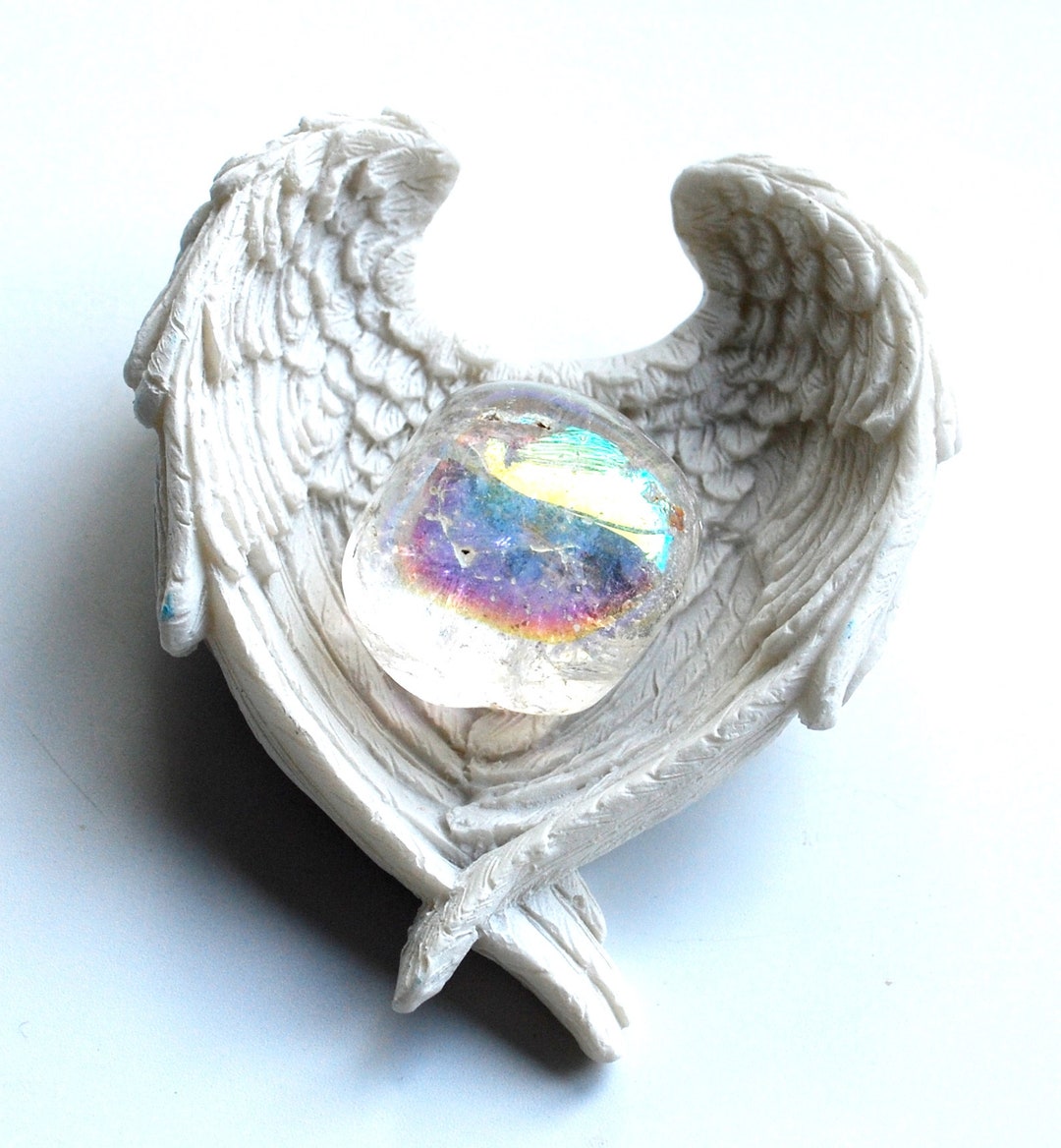 Rainbow Angel Aura Quartz Heart Crystal Stone in White Wings Angel Dish ...