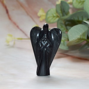 Black Obsidian Crystal Guardian Angel Stone Natural Carved Statue Gift ...