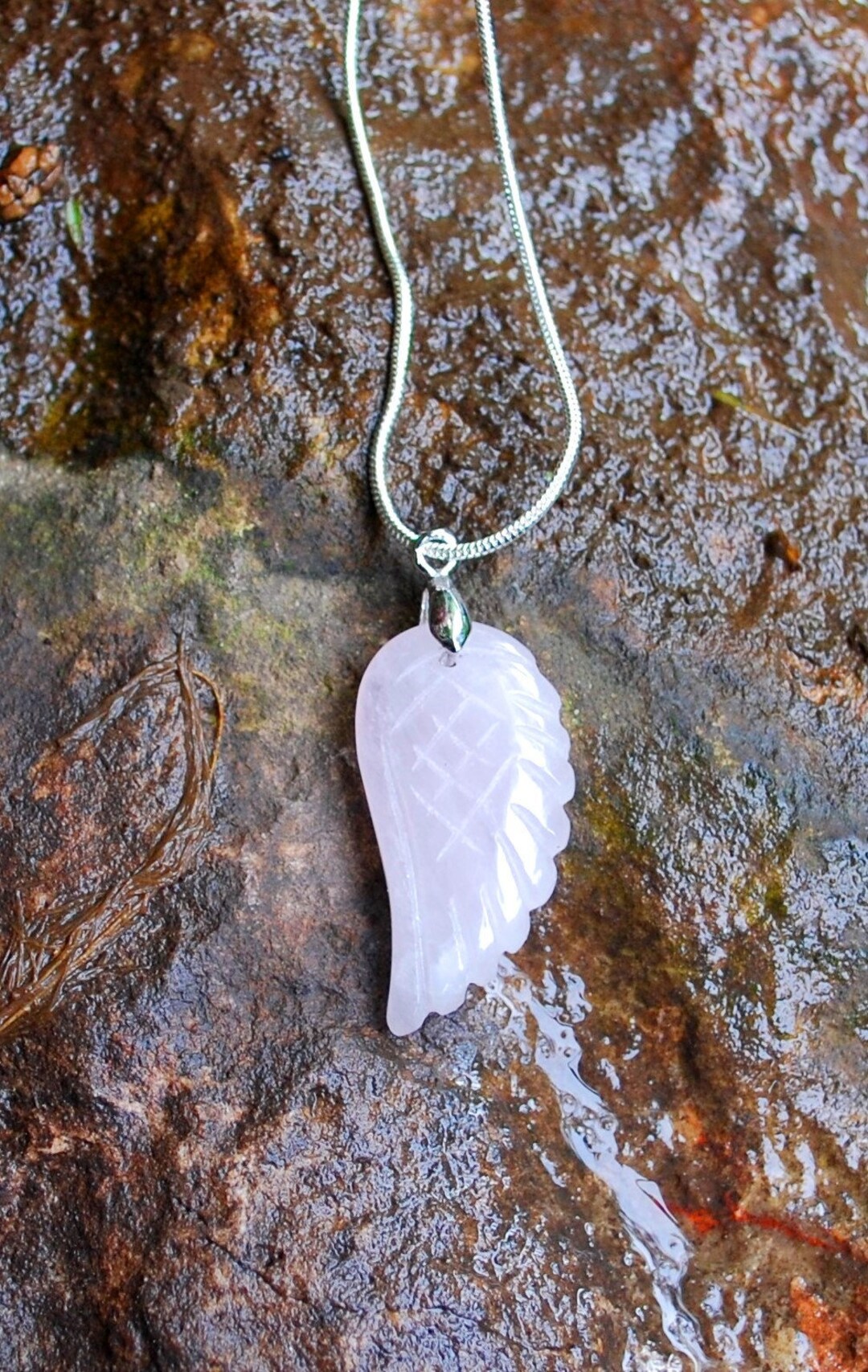 Rose Quartz Crystal Angel Wings Necklace Pendant With Silver Chain ...
