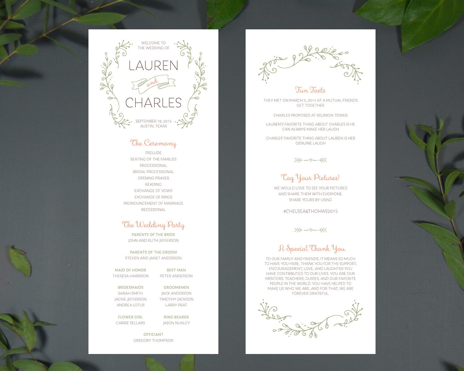 Rustic Foliage Wedding Program, Prints (sold in Sets of 25) or ...