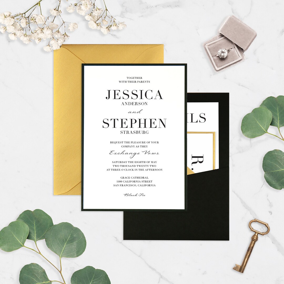Black Tie Panel Pocket Wedding Invitation Suite Black and - Etsy