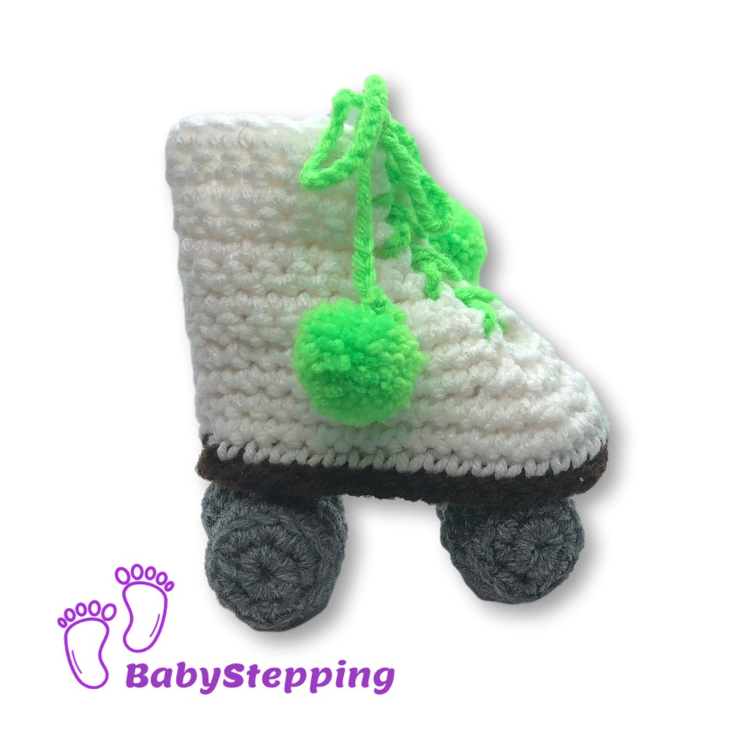 Roller Skate Style Baby Booties With Neon Green Pom Poms - Etsy