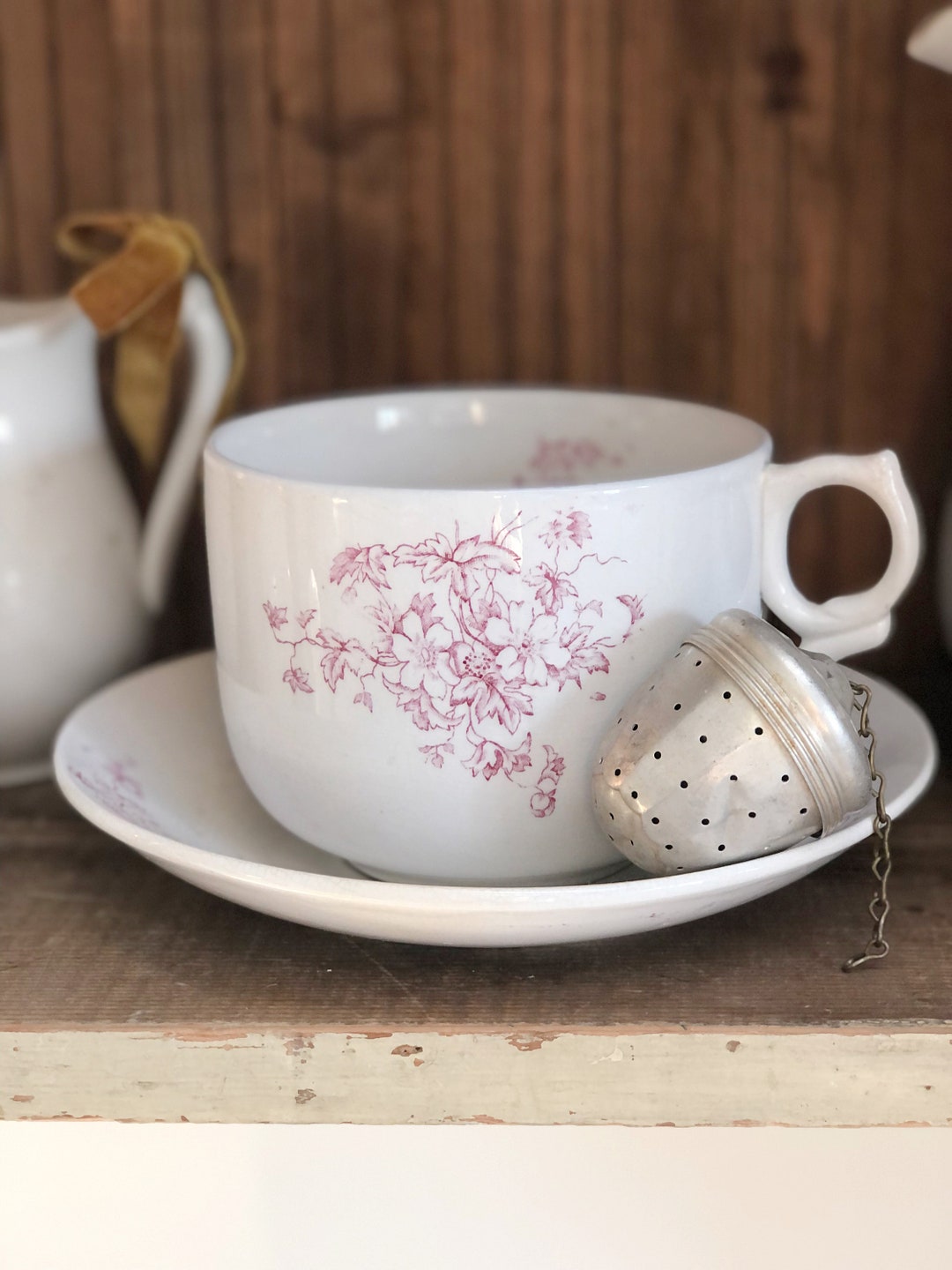 HUGE TRANSFERWARE TEACUP Tea Cup + Saucer + Tea Leaf Strainer • Pink ...