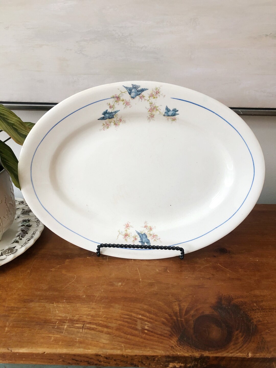 Large BLUEBIRD PATTERN PLATTER the Best Patina Crazed Vintage Ironstone ...
