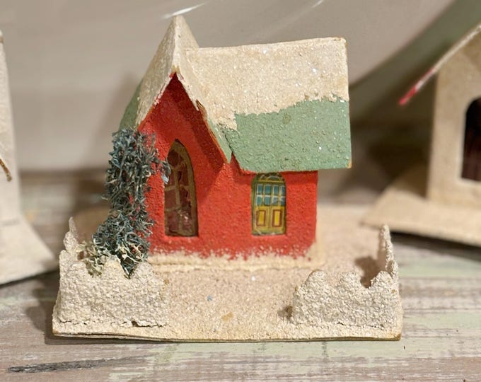 Vintage PINK PUTZ HOUSE • Antique Pink Glittery Holiday Village House ...
