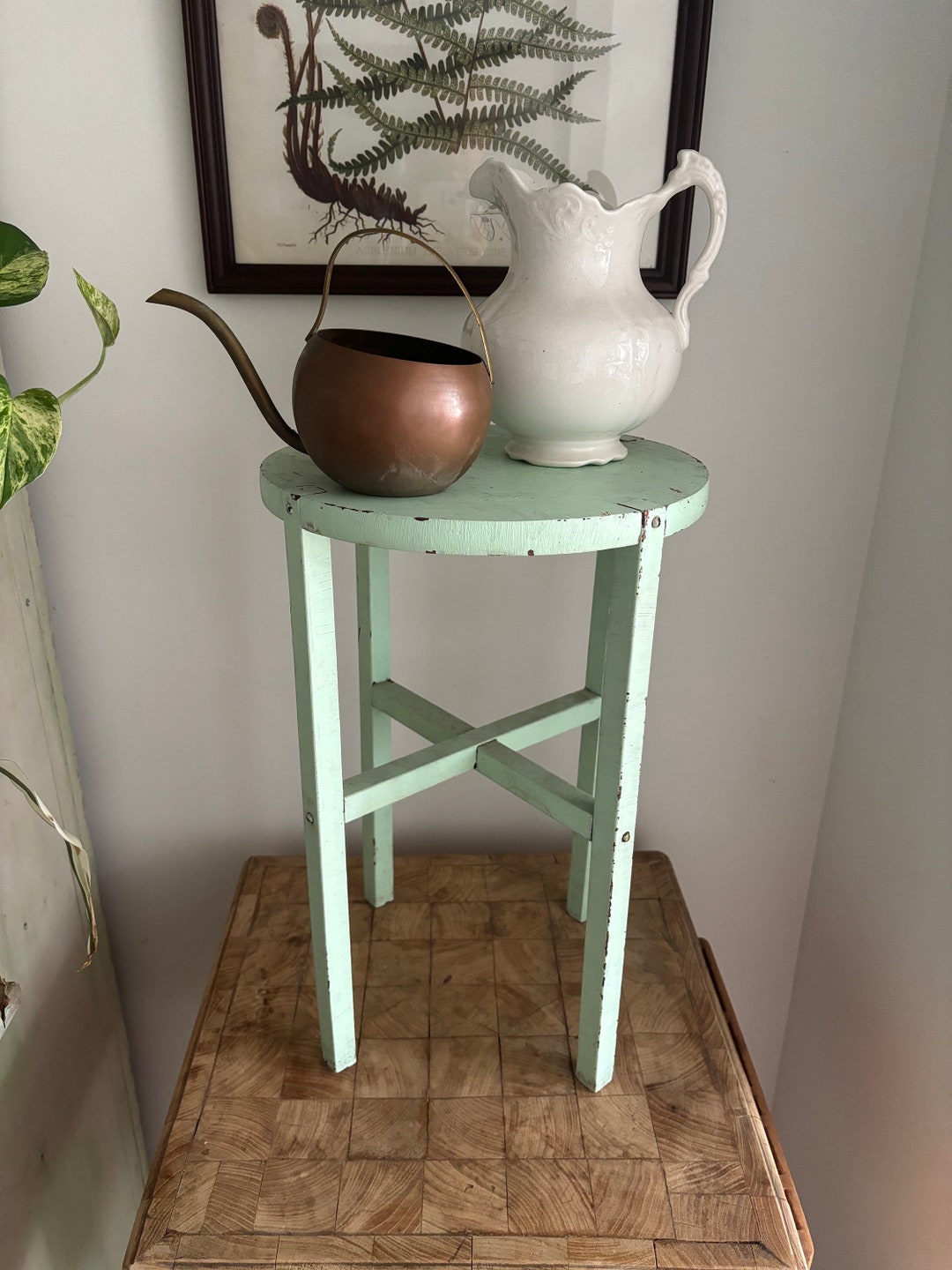 VINTAGE CHIPPY TABLE or Stool • Dreamy Seafoam Green Color • Compact ...