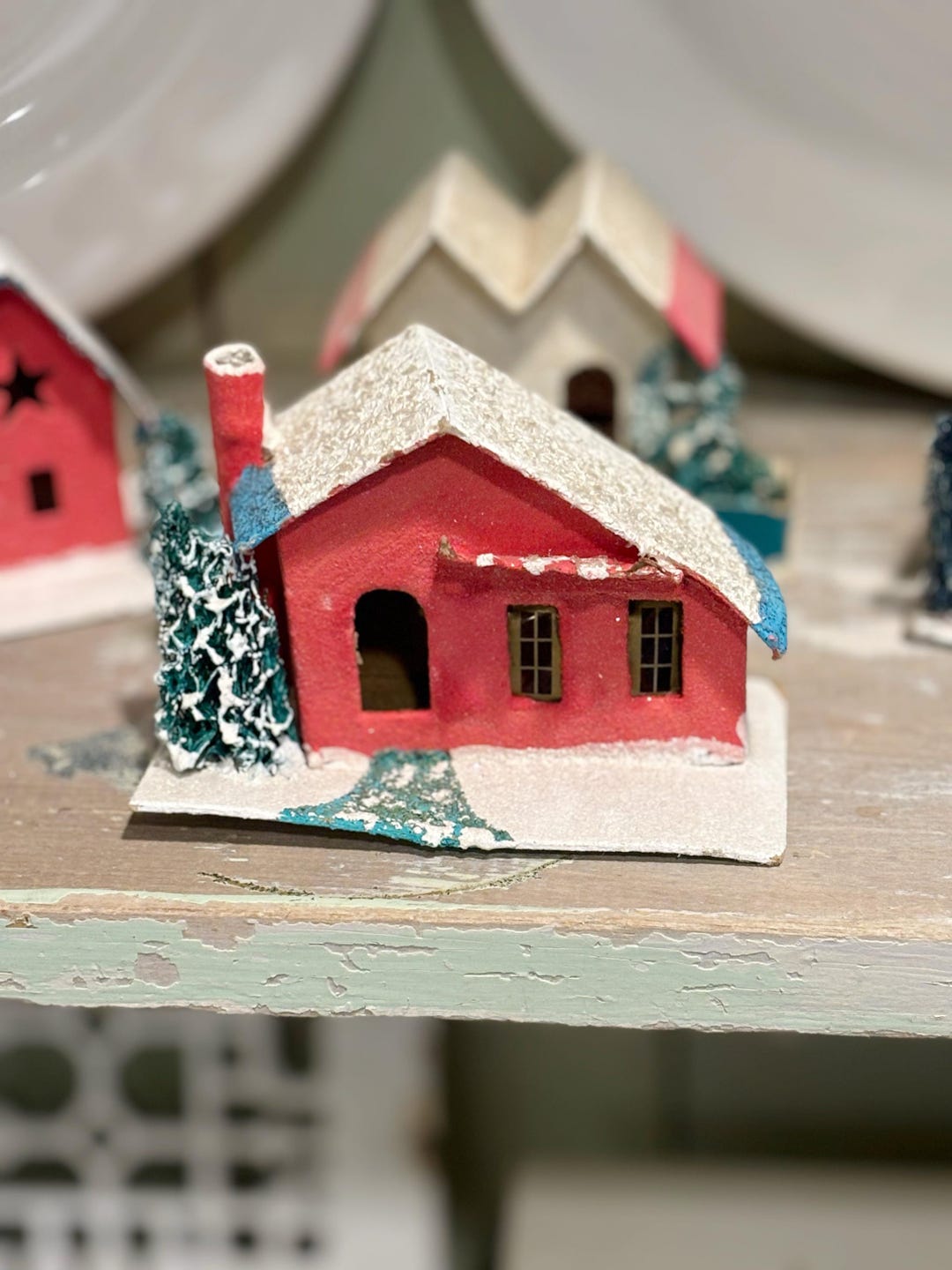 Vintage PINK PUTZ HOUSE • Antique Pink Glittery Holiday Village House ...