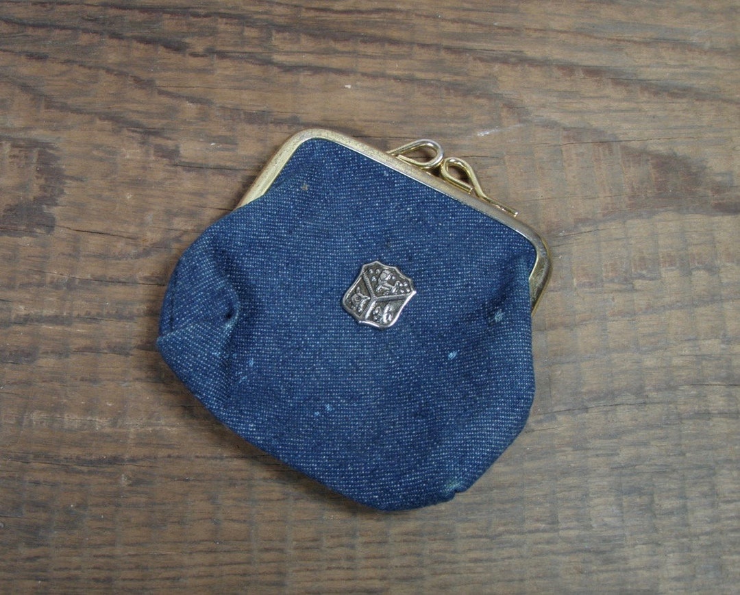 Vintage Demin Clamshell Coin Change Purse - Dark Blue Brass Coat of ...
