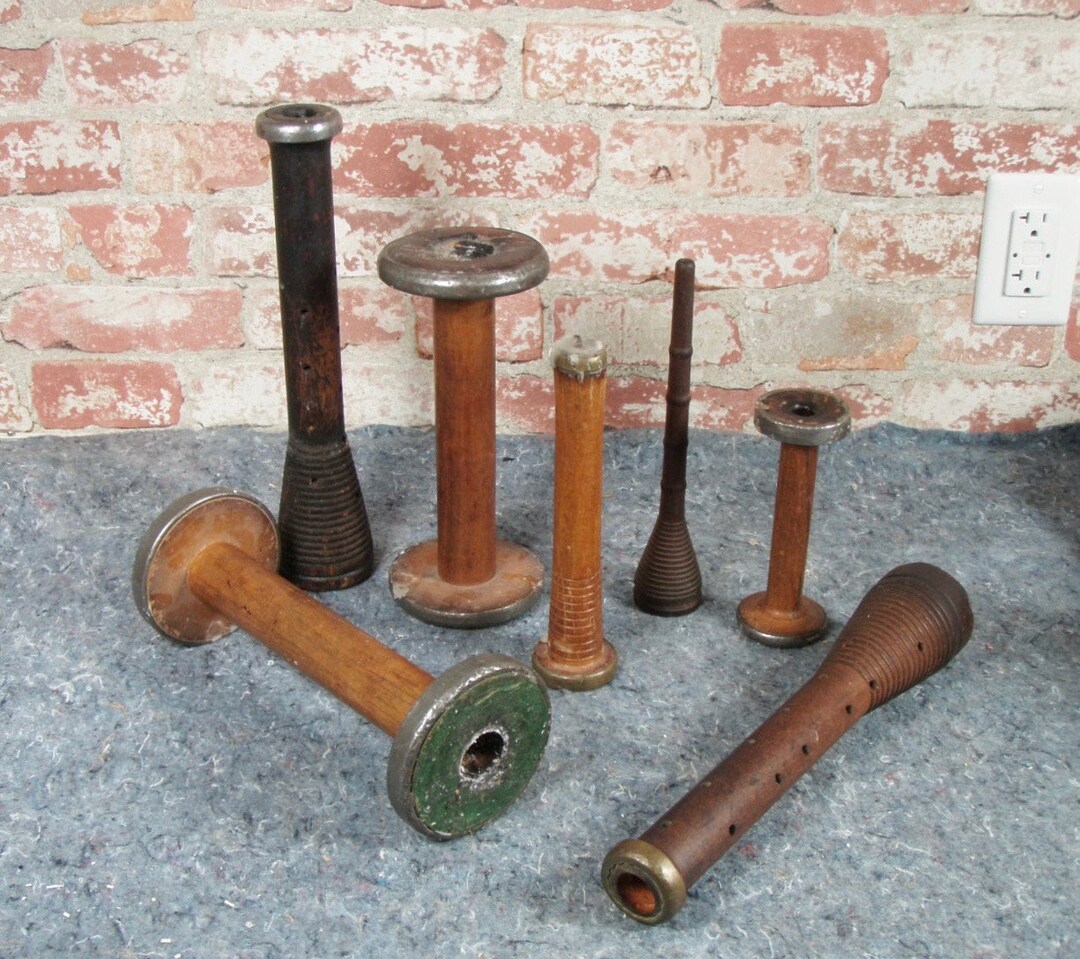 Set of 7 Antique Rustic Wooden Industrial Sewing Machine Spools Wood ...