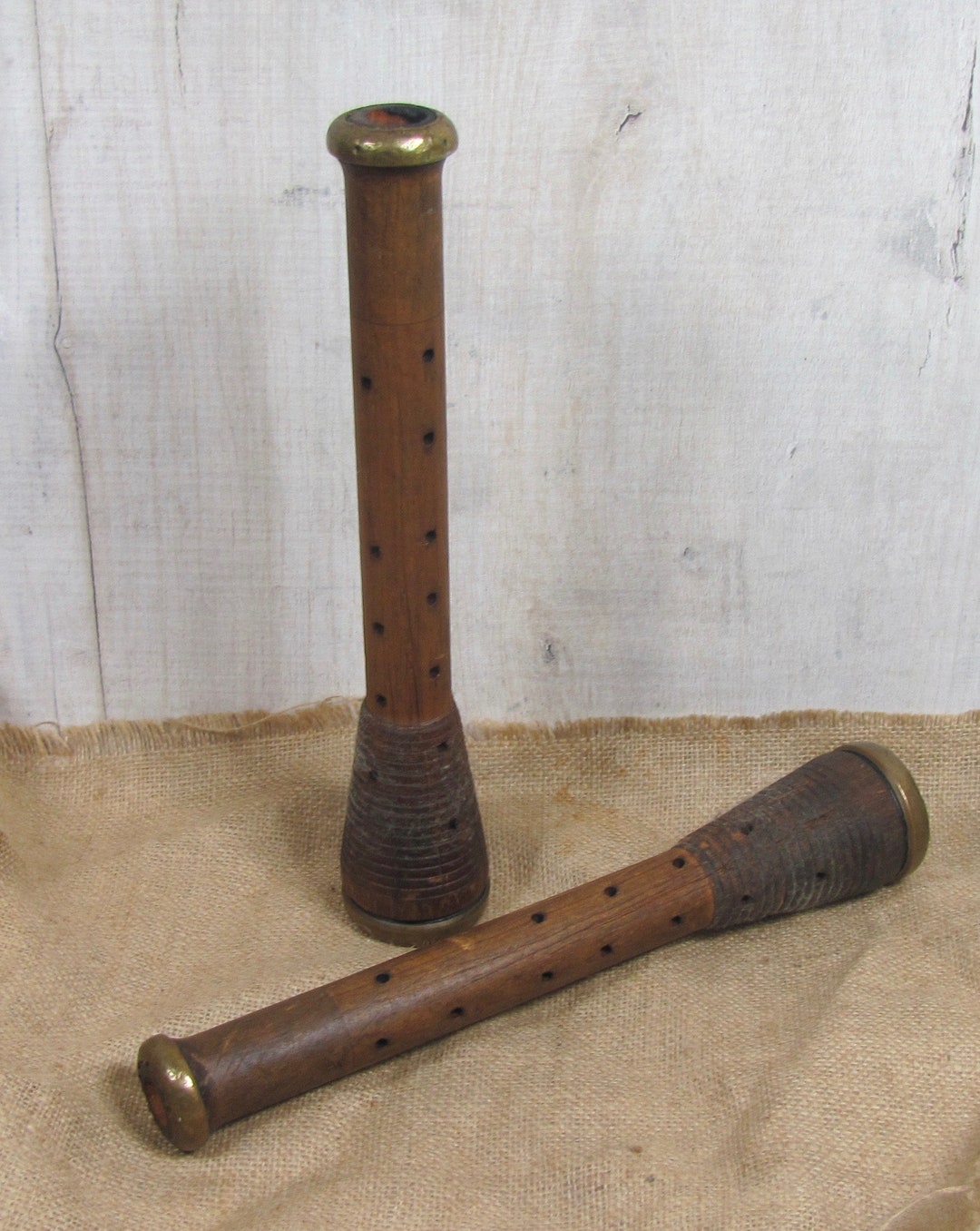 Set of 2 Large 14" Tall Antique Wooden Industrial Loom Bobbins W/ Brass ...