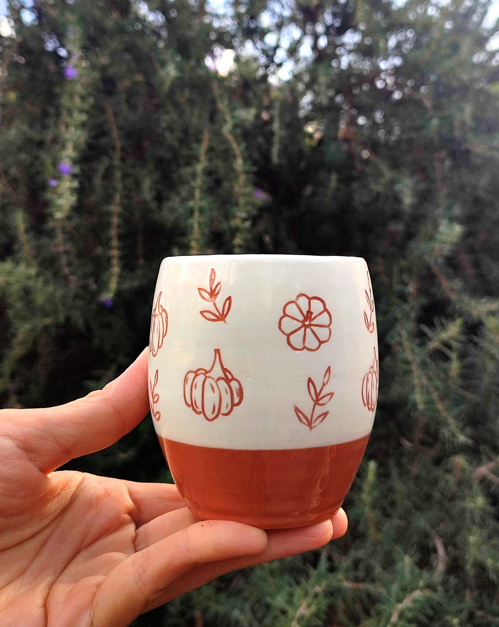 Handmade Brown Clay Cups With Botanical Carvings | White and Brown ...