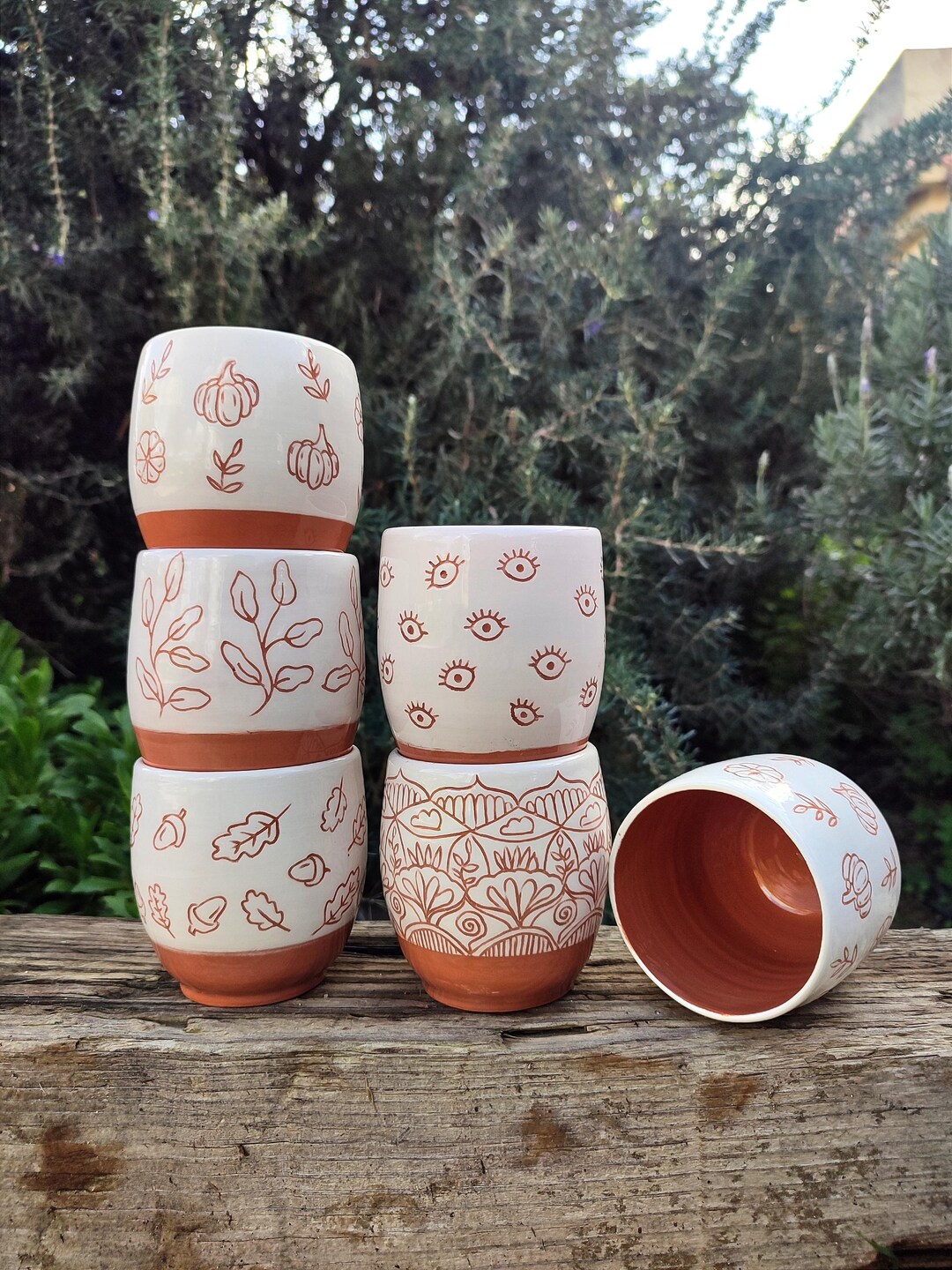 Handmade Brown Clay Cups With Botanical Carvings | White and Brown ...