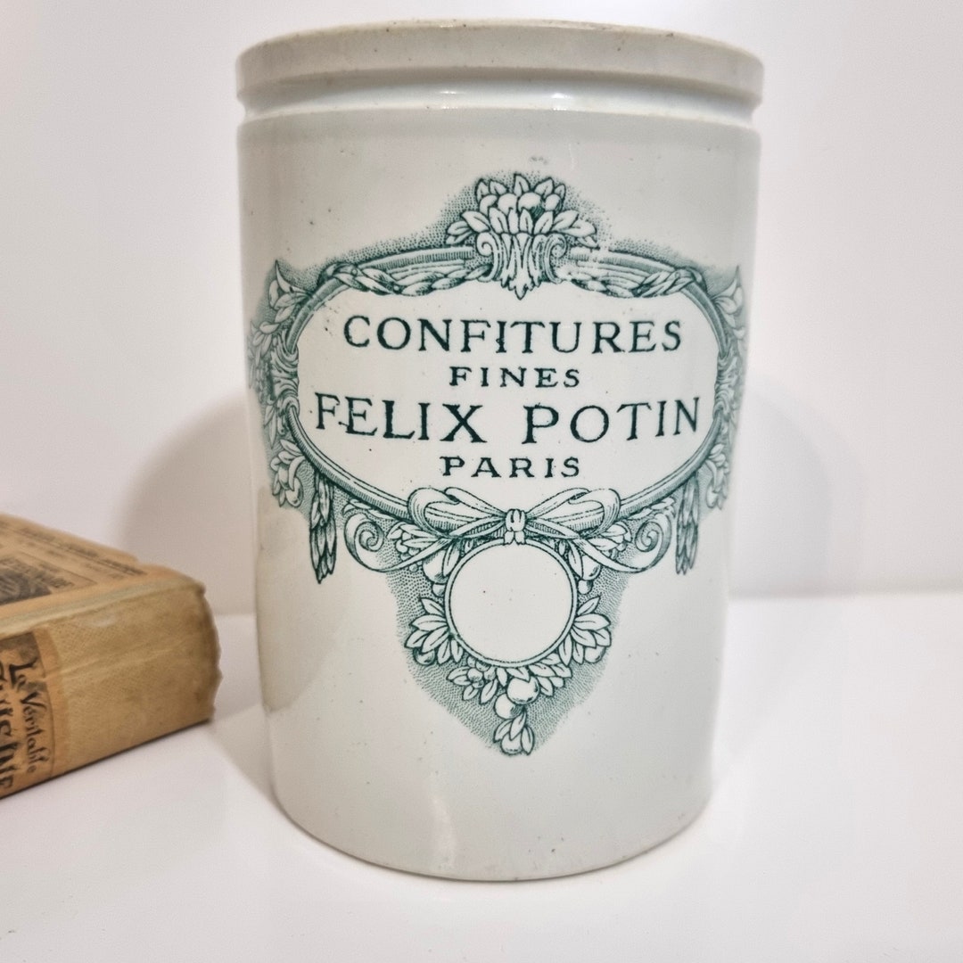 Vintage Ad Jam Pot Felix Potin Advertising Ceramic Canister White Beige ...