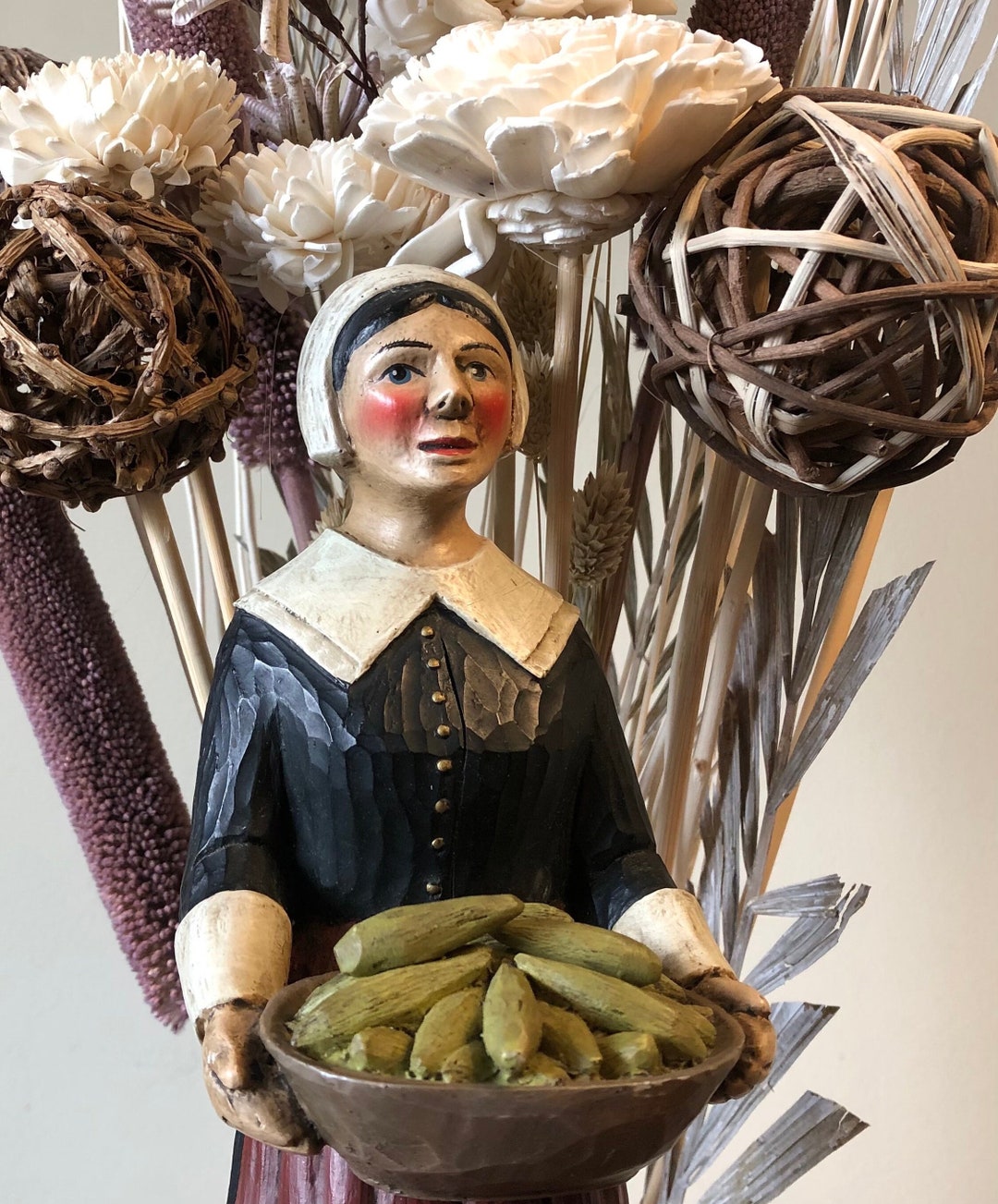 Thanksgiving Pilgrim Decor Hand Carved Figurine Basket of - Etsy