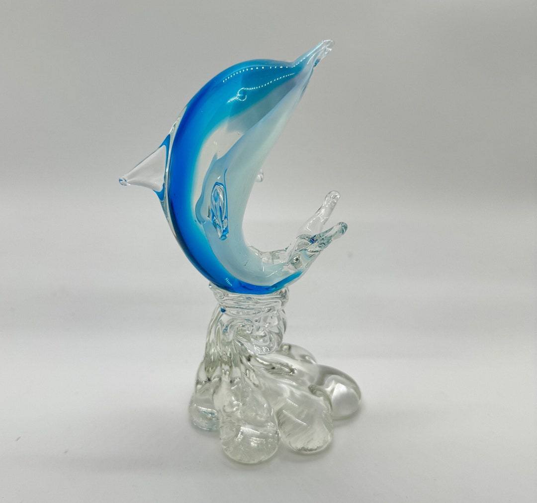 Blue Dolphin Glass Figurine Ocean Wave Pedestal - Etsy