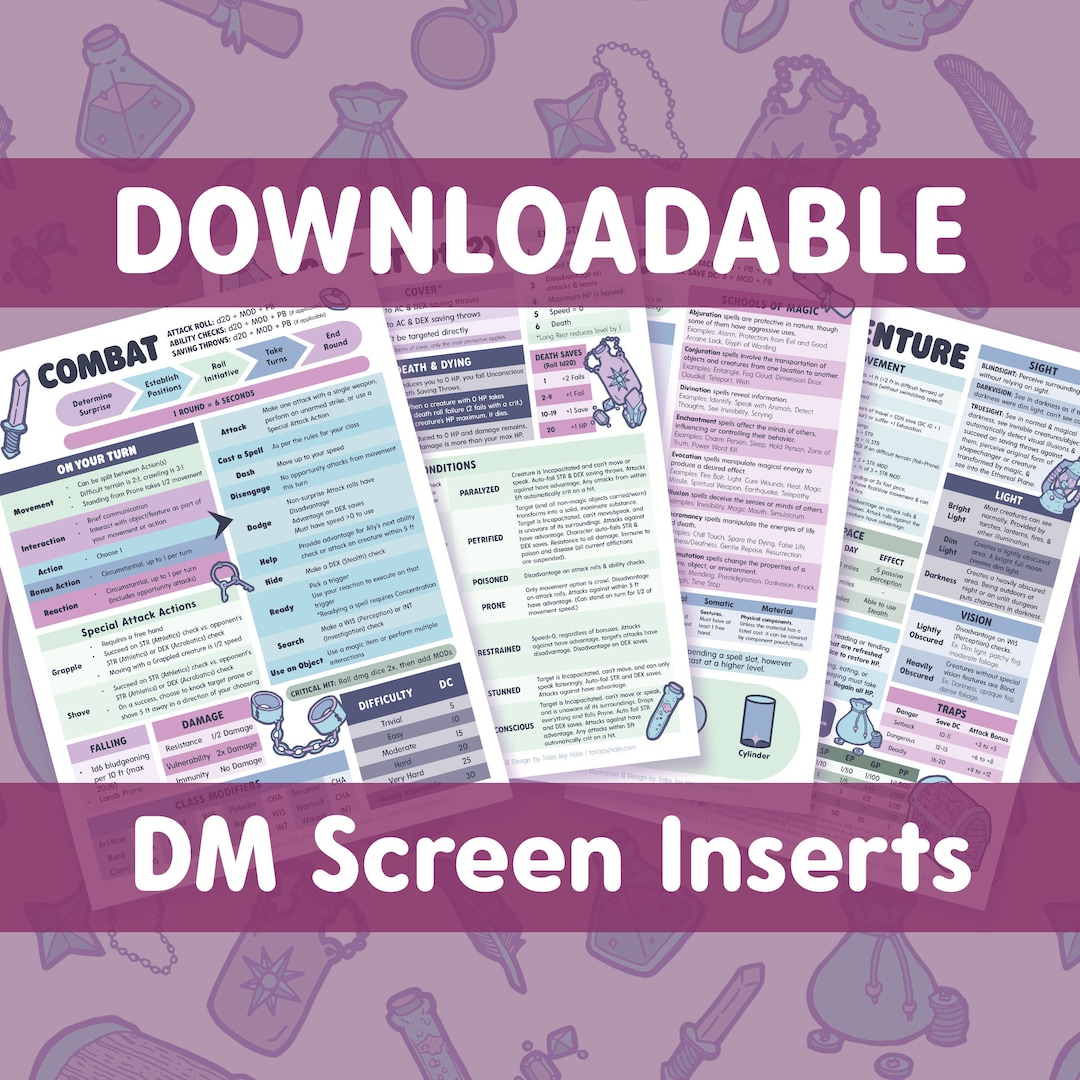 Printable Dungeons & Dragons DM Screen Inserts for 5e [DIGITAL DOWNLOAD ...