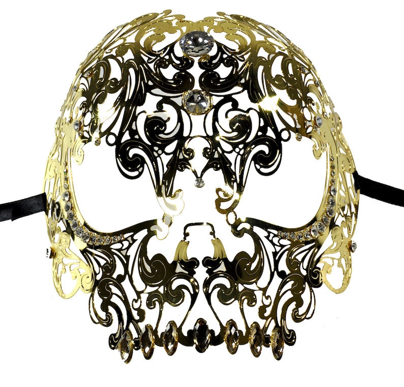 Gold Demon Skull Filigree Masquerade Mask With Clear Crystals | Etsy